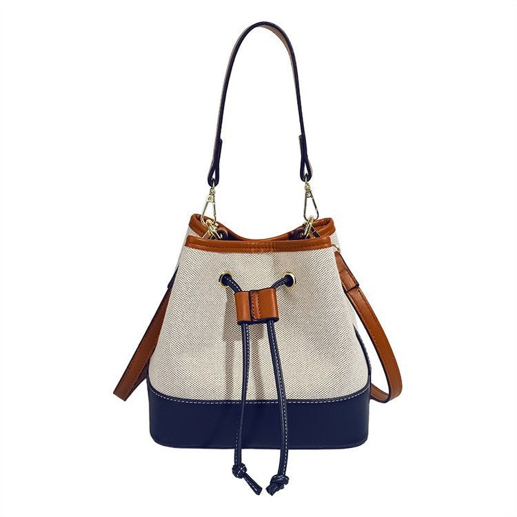 Canvas Contrast Color Bucket Bag Drawstring Shoulder Messenger Bag ...
