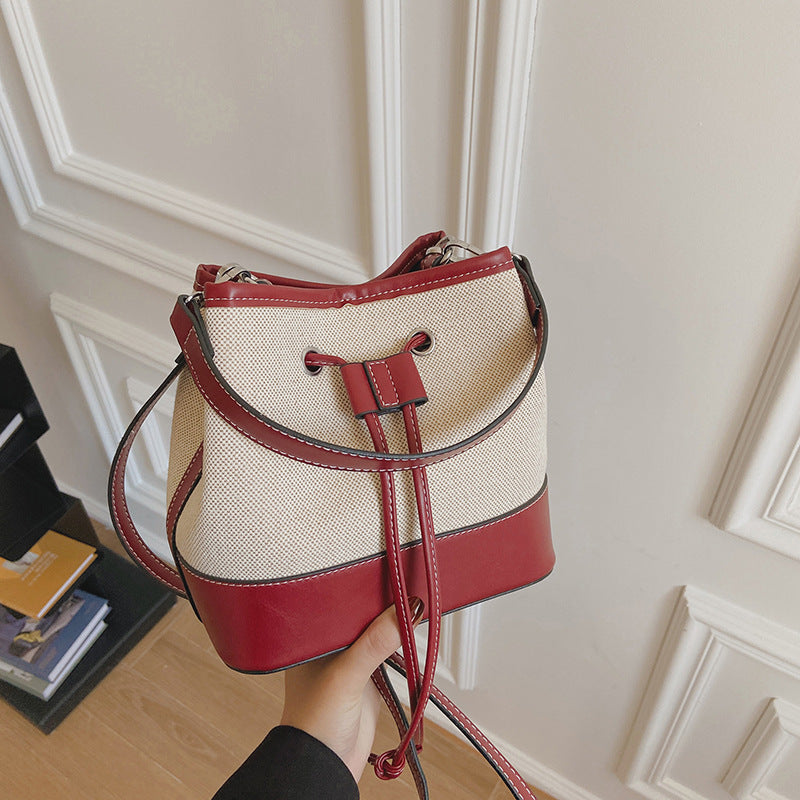 Canvas Contrast Color Bucket Bag Drawstring Shoulder Messenger Bag ...
