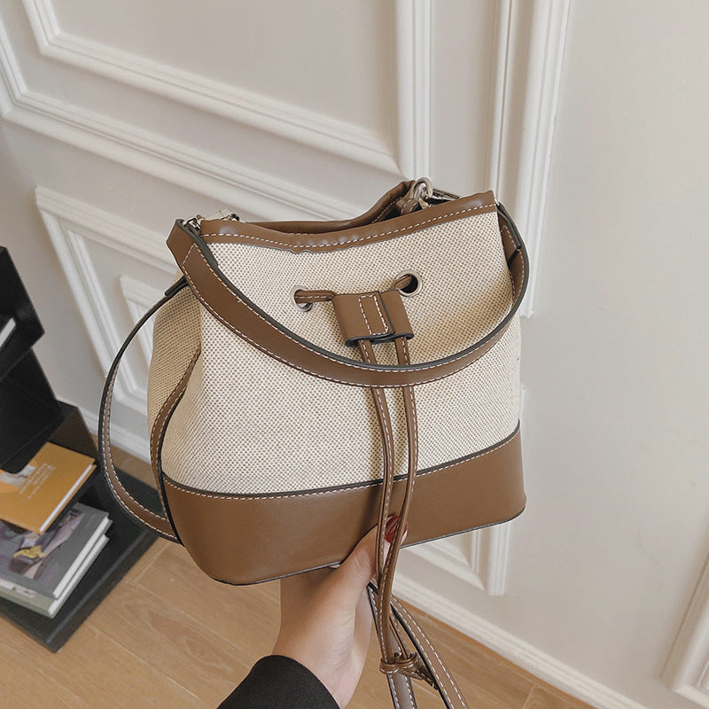 Canvas Contrast Color Bucket Bag Drawstring Shoulder Messenger Bag ...