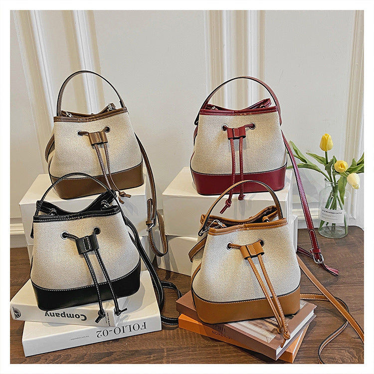 Canvas Contrast Color Bucket Bag Drawstring Shoulder Messenger Bag ...