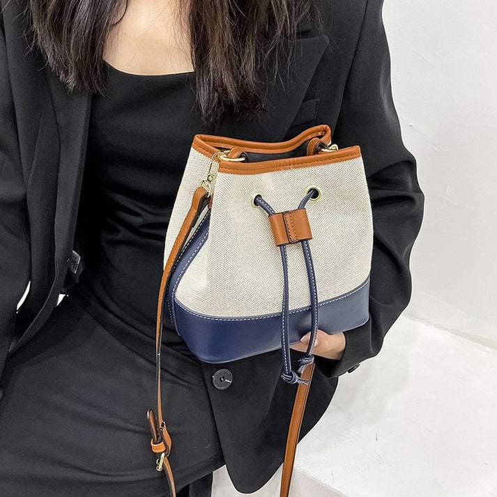 Canvas Contrast Color Bucket Bag Drawstring Shoulder Messenger Bag ...