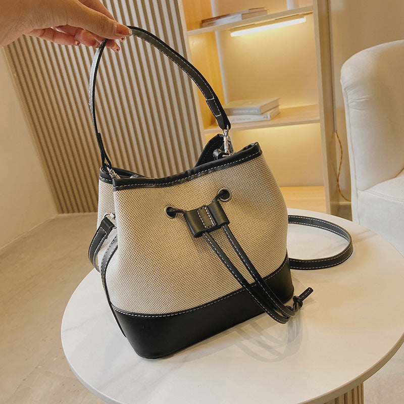 Canvas Contrast Color Bucket Bag Drawstring Shoulder Messenger Bag ...