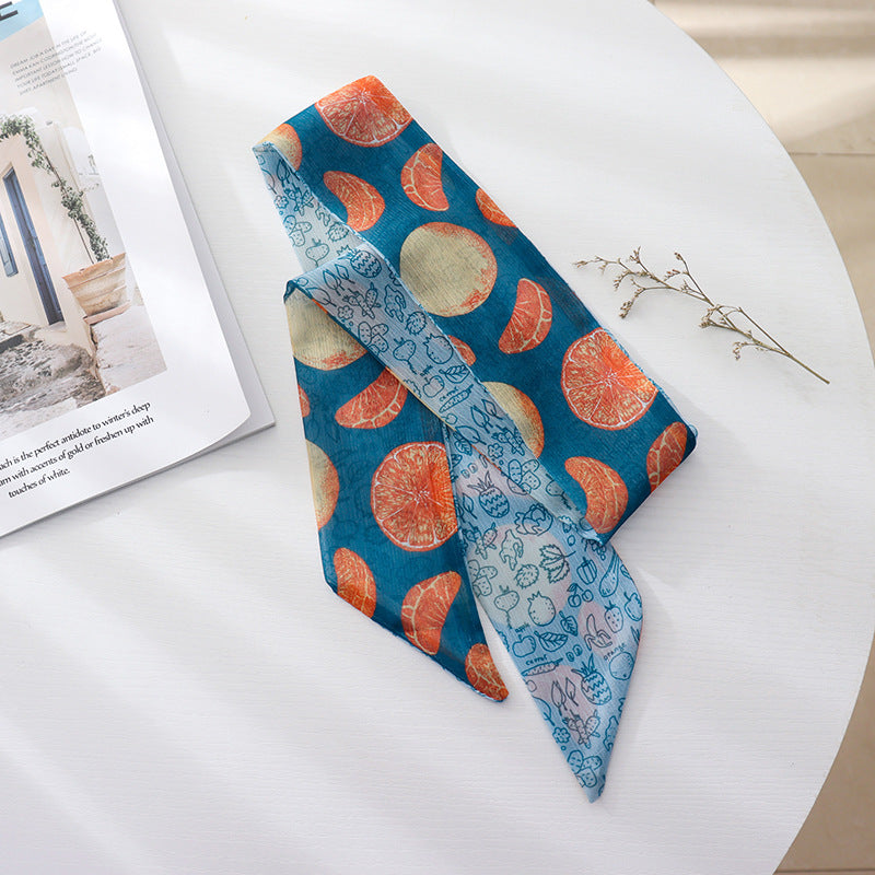 Summer French Retro Blue Small Floral Long Thin Simulated Silk Scarf B ...