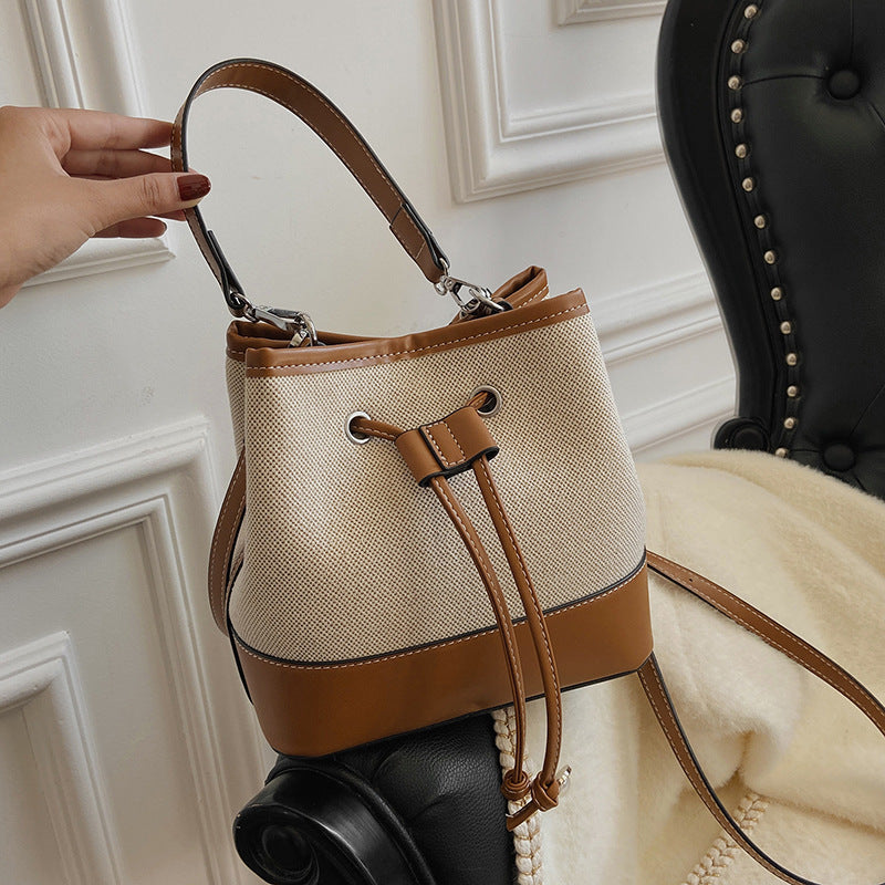 Canvas Contrast Color Bucket Bag Drawstring Shoulder Messenger Bag ...